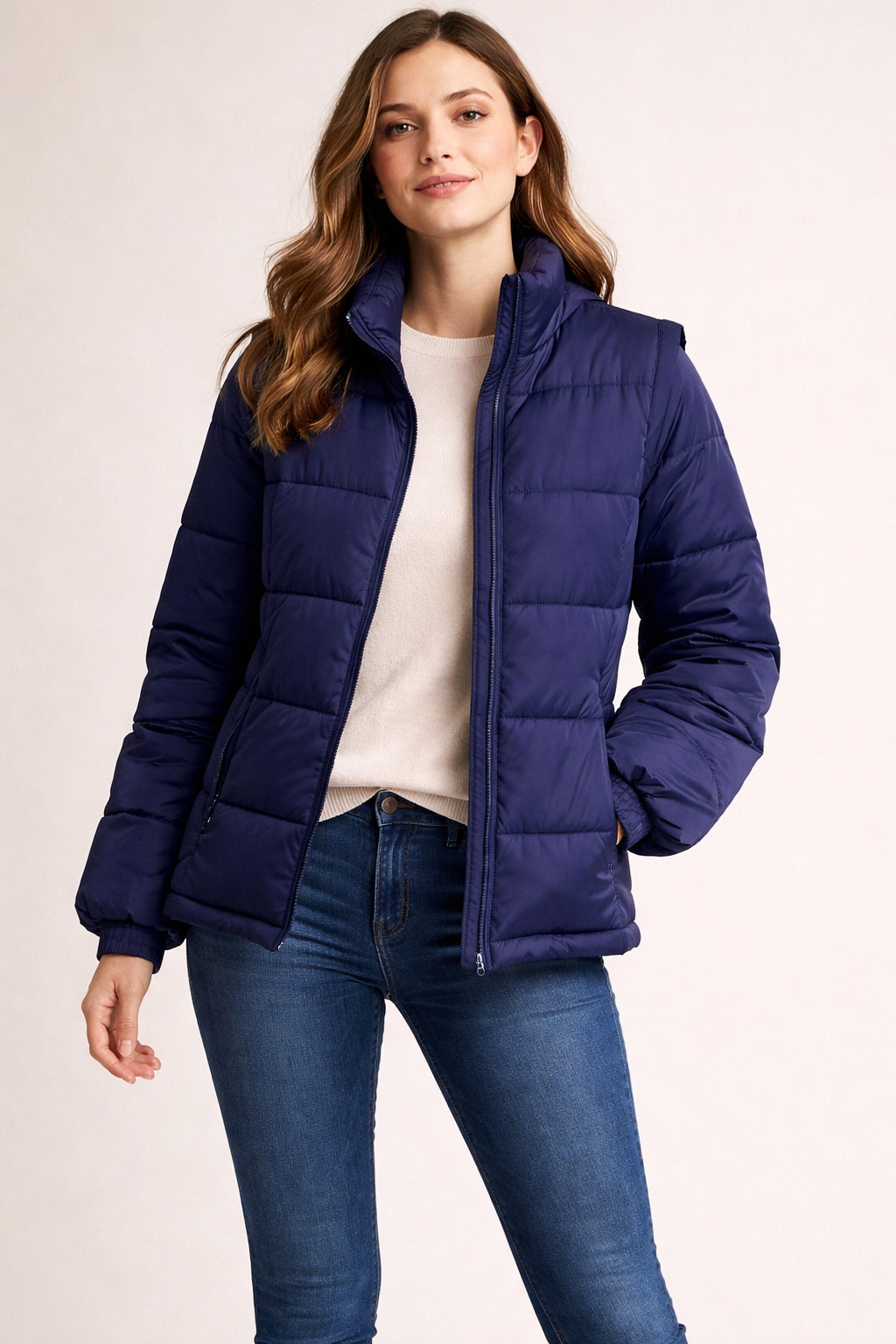 Womens Navy Zip Off Sleeve Puffer Jacket Small Nylon Poly Zip Hood ...