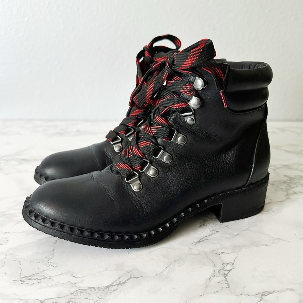 Gentle Souls by Kenneth Cole Black Leather Red Laces Combat Boot Women ...
