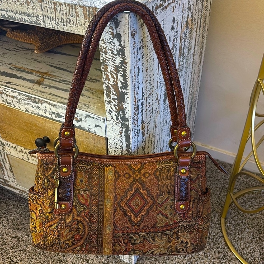 Vintage Fossil Brocade & Leather Shoulder Purse | eBay