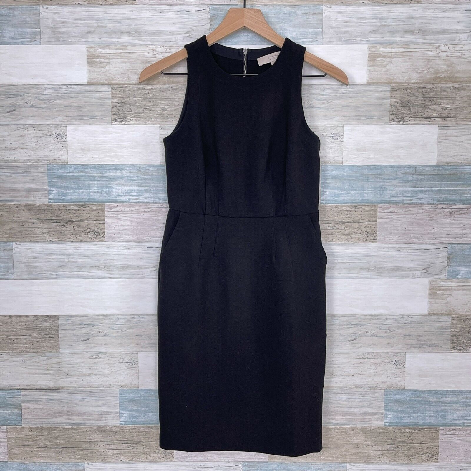 LOFT Ponte Pocketed Sheath Dress Black Exposed Zipper Stretch Womens 0P ...
